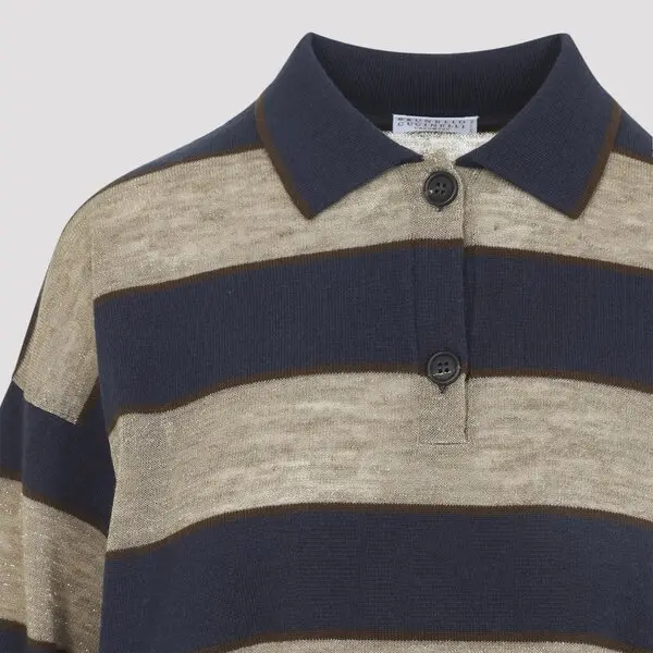 Brunello Cucinelli Striped Cropped Knit Polo Shirt - Black