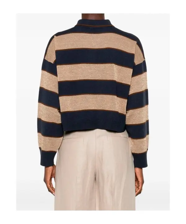 Brunello Cucinelli Striped Cropped Knit Polo Shirt - Black