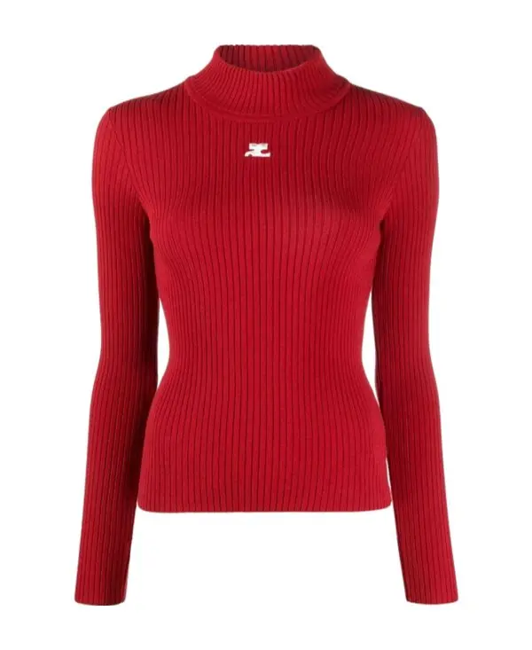 COURREGES Courrèges High Neck Ribbed Knit Jumper With Logo Detail - Red