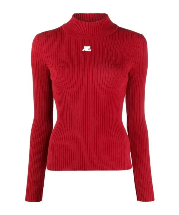COURREGES Courrèges High Neck Ribbed Knit Jumper With Logo Detail - Red
