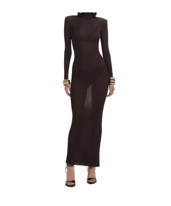 SELF-PORTRAIT Turtleneck Ribbed Maxi Dress With Shoulder Pads
