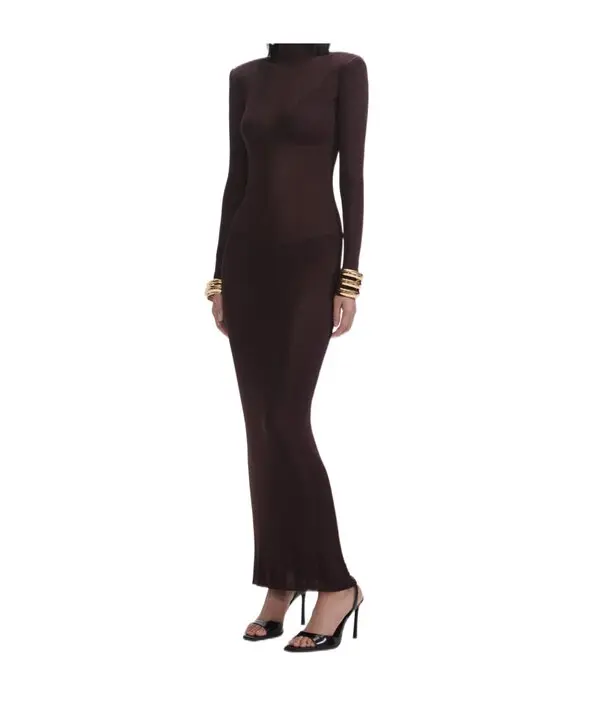 SELF-PORTRAIT Turtleneck Ribbed Maxi Dress With Shoulder Pads