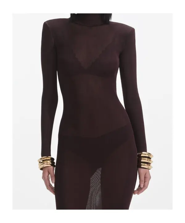 SELF-PORTRAIT Turtleneck Ribbed Maxi Dress With Shoulder Pads