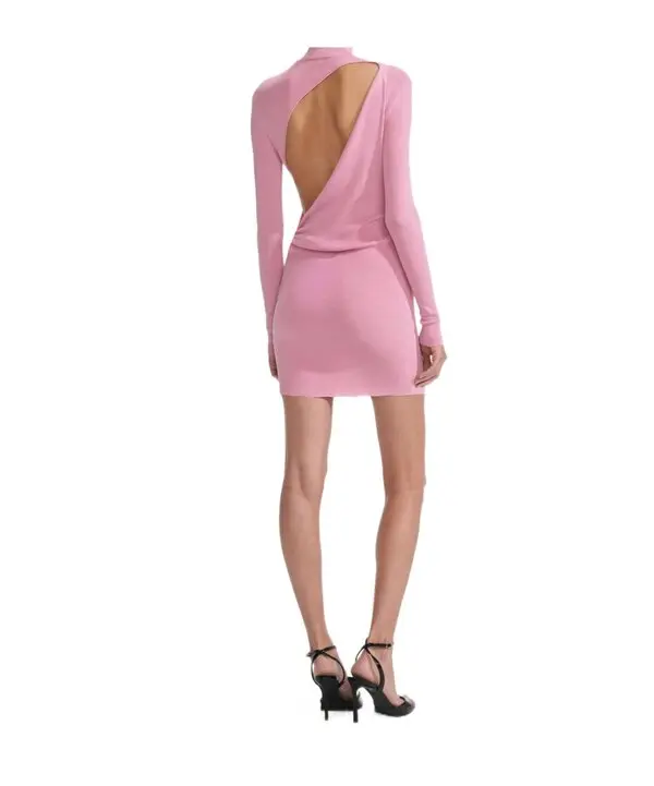 SELF-PORTRAIT High-neck Long-sleeve Fitted Dress With Deep V Back