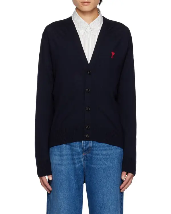 AMI Paris De Coeur Embroidered V-neck Cardigan - Black