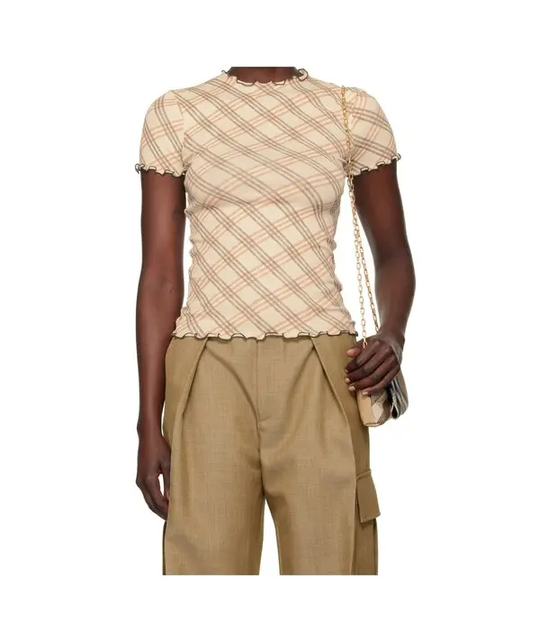 Burberry Checked Lettuce Hem Crewneck T-shirt - Teacup