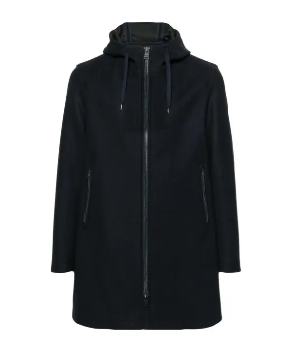 Herno Drawstring Hooded Coat With Logo Plaque - Black