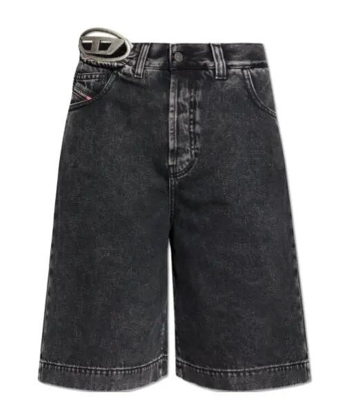DIESEL® Logo Plaque Knee-length Denim Shorts - Black