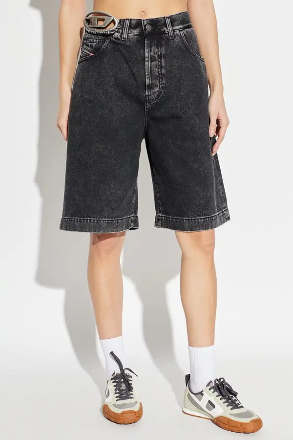 DIESEL® Logo Plaque Knee-length Denim Shorts - Black