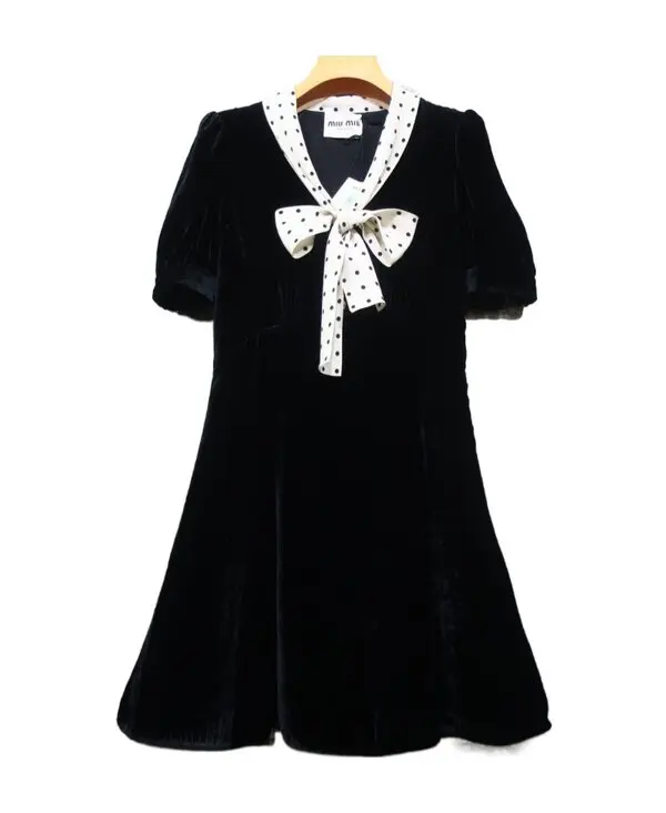 Miu Miu Velvet Dress With Polka Dot Bow Detail