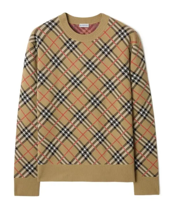 Burberry Checked Crewneck Knitted Jumper - Sand Beige