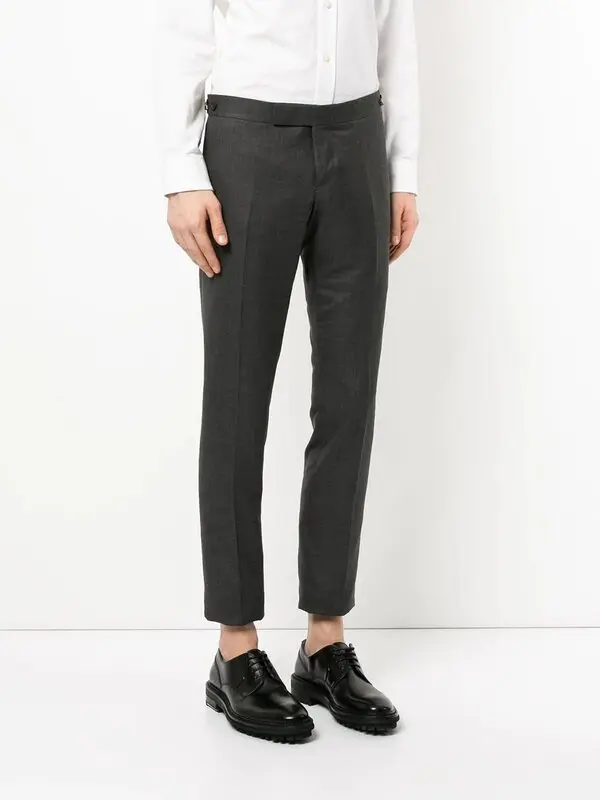 Thom Browne Low Rise Skinny Side Tab Trousers In Super 120s Twill - Dark Gray