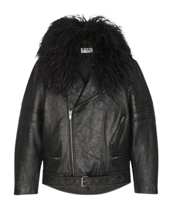 Saint Laurent Leather Jacket With Feather Trim