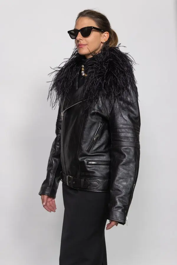 Saint Laurent Leather Jacket With Feather Trim