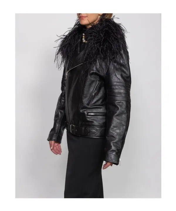 Saint Laurent Leather Jacket With Feather Trim