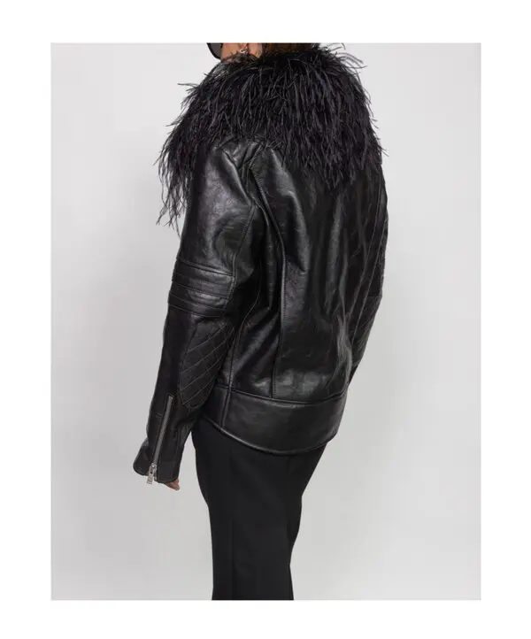 Saint Laurent Leather Jacket With Feather Trim