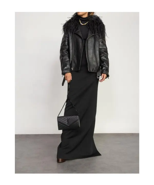 Saint Laurent Leather Jacket With Feather Trim