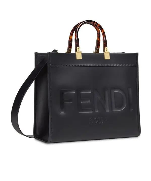Fendi Sunshine Medium Tote Bag With Tortoiseshell Handle - Black