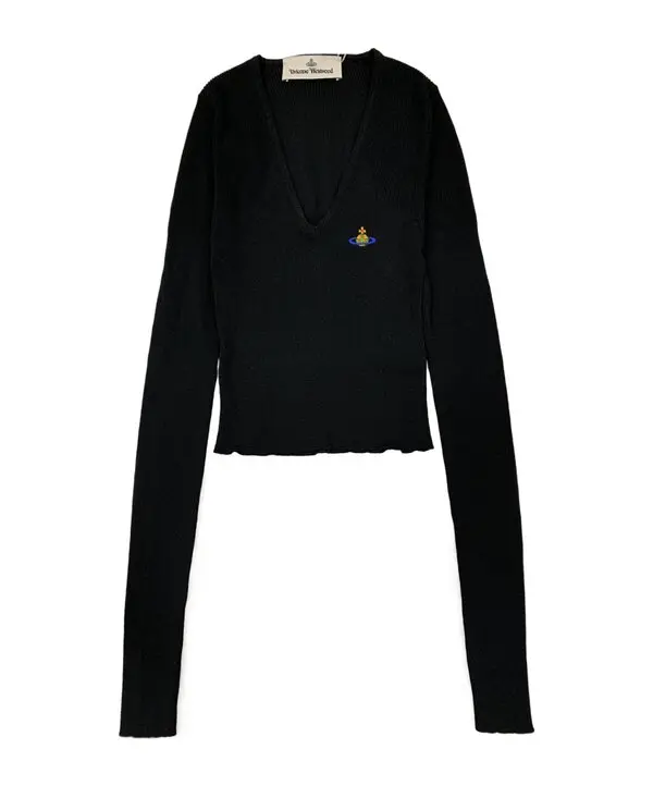 VIVIENNE WESTWOOD V-neck Long-sleeve Sweater With Saturn Logo - Black