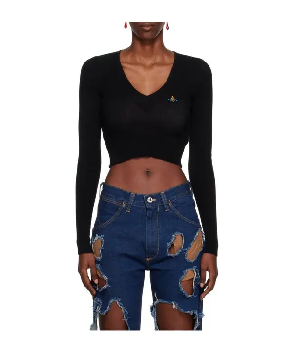 VIVIENNE WESTWOOD V-neck Long-sleeve Sweater With Saturn Logo
