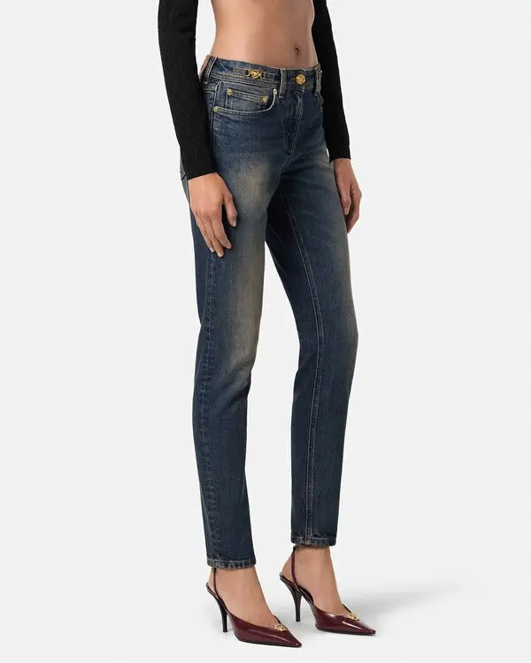 Versace Logo Patch Tapered Leg Jeans - Black
