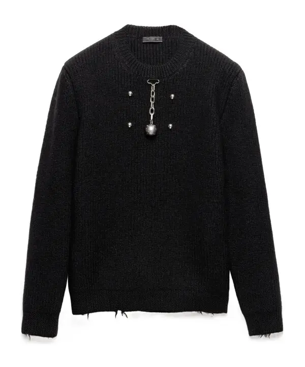 Prada Long-sleeved Crewneck Jumper With Metal Embellishments - Black