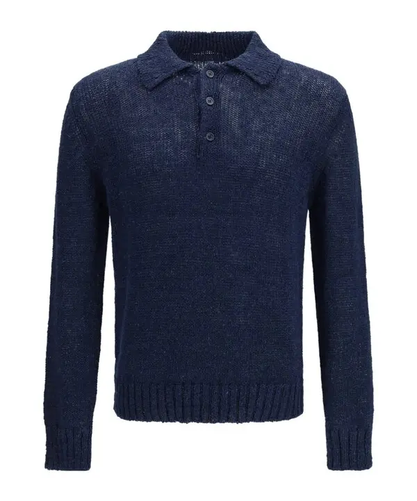 SUNFLOWER Textured Knit Long-sleeved Polo Shirt - Black