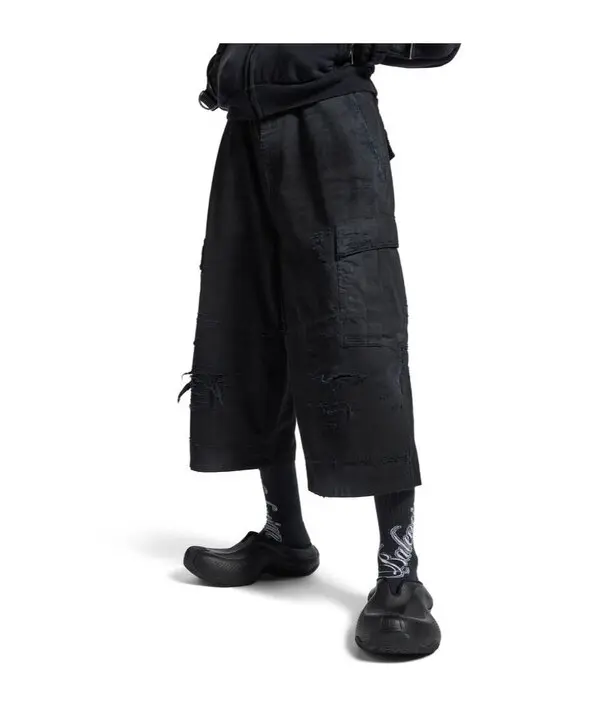 Balenciaga Cropped Cargo Pants With Distressed Details - Black