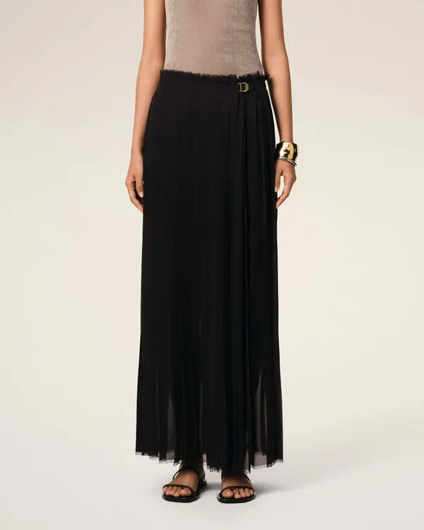 AMI Paris Pleated Maxi Skirt With Buckle Detail - Black