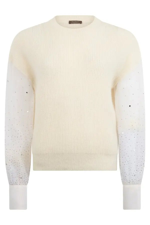 Peserico Sheer Sleeved Crewneck Knitted Jumper With Crystal Embellishments