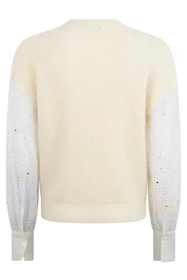 Peserico Sheer Sleeved Crewneck Knitted Jumper With Crystal Embellishments