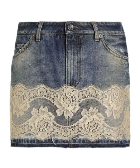 Dolce & Gabbana Lace-trimmed Distressed Denim Skirt - Multi-color