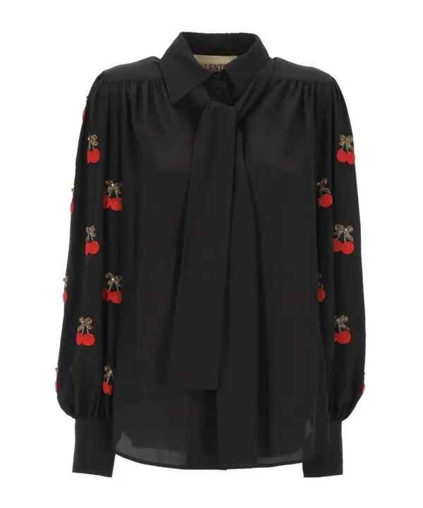 Valentino Garavani Cherry Embellished Button-up Blouse With Lace-up Detail - Black