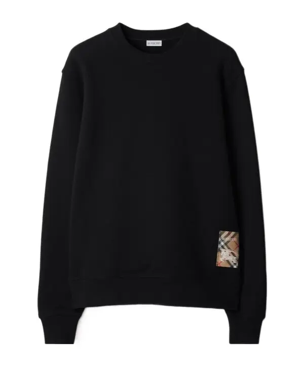 Burberry Crewneck Sweatshirt With Checked Label Appliqu - Black
