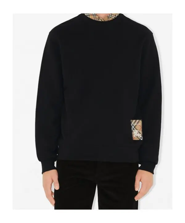 Burberry Crewneck Sweatshirt With Checked Label Appliqu - Black
