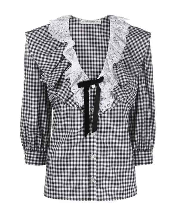 Alessandra Rich Check Print Ruffle Collar Shirt