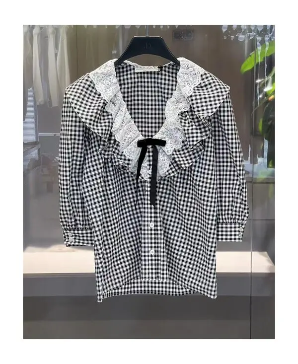 Alessandra Rich Check Print Ruffle Collar Shirt