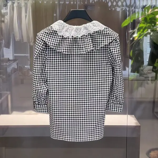 Alessandra Rich Check Print Ruffle Collar Shirt