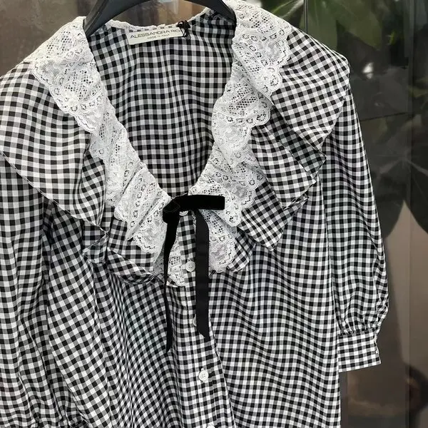 Alessandra Rich Check Print Ruffle Collar Shirt