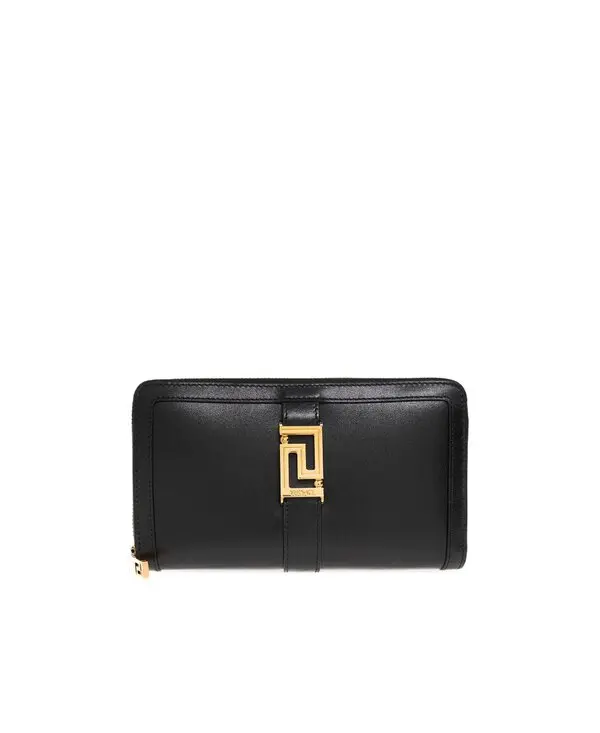 Versace Logo Detailed Zipped Wallet - Black
