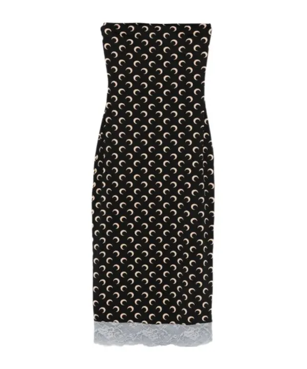 MARINE SERRE Crescent Moon Strapless Jersey Midi Dress With Lace Trim