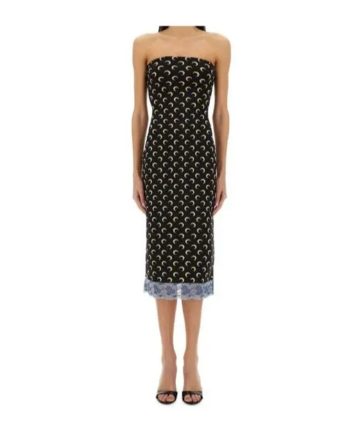 MARINE SERRE Crescent Moon Strapless Jersey Midi Dress With Lace Trim