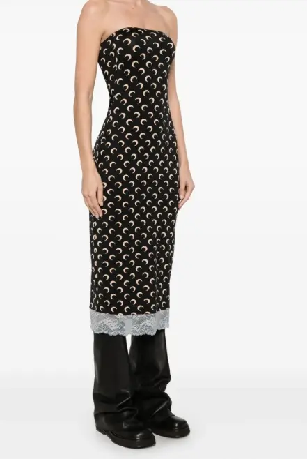 MARINE SERRE Crescent Moon Strapless Jersey Midi Dress With Lace Trim