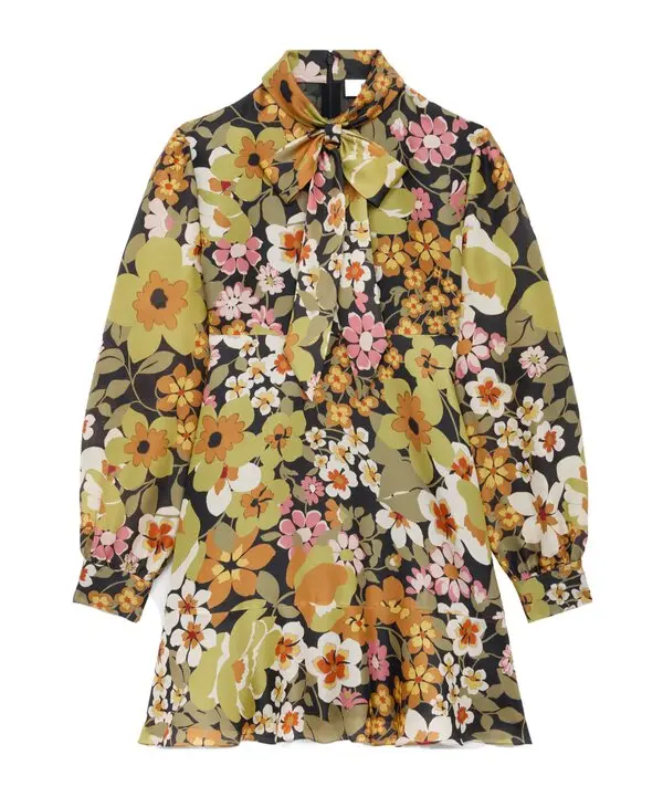 Celine Skater Mini Dress In Silk Organza - Black/khaki/gold Gilt