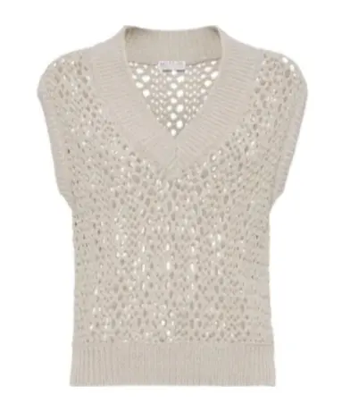 Brunello Cucinelli Sleeveless Open-knit V-neck Top - Light Gray