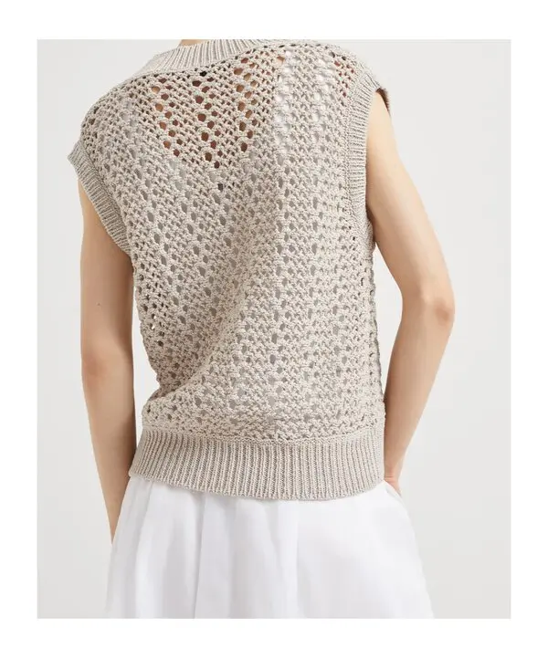 Brunello Cucinelli Sleeveless Open-knit V-neck Top