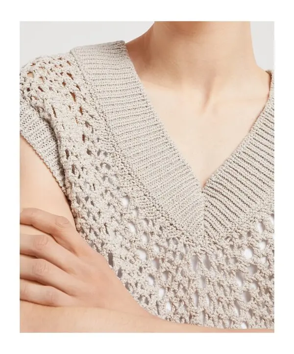 Brunello Cucinelli Sleeveless Open-knit V-neck Top