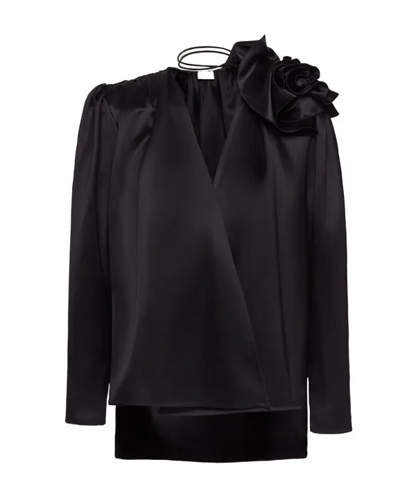 Magda Butrym Long Sleeve Shirred Blouse With Detachable Flower Brooch - Black