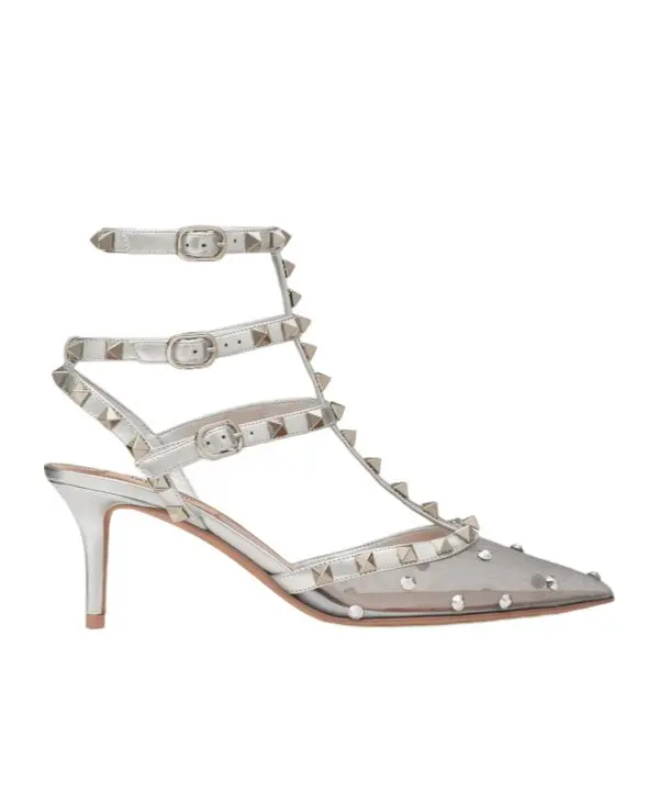 Valentino Garavani Rockstud Mesh Pump With Crystals And Straps 65mm - Light Grey/silver