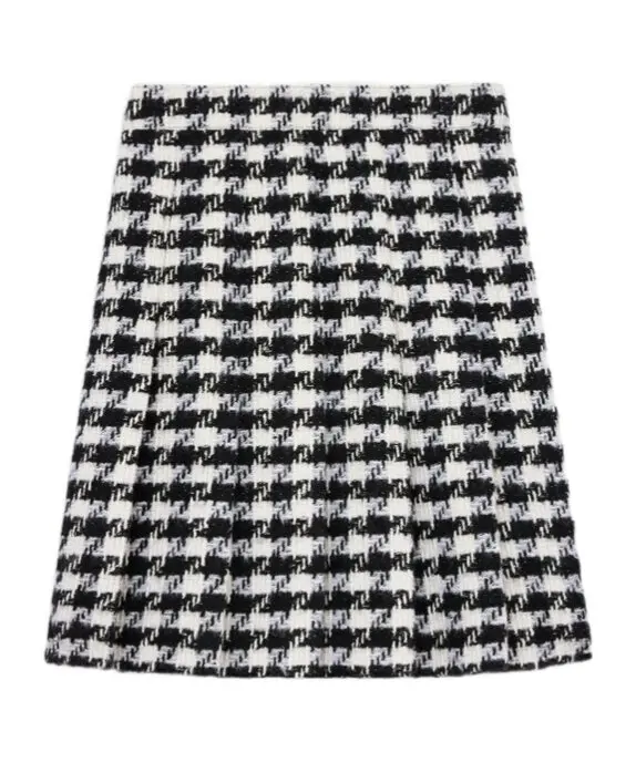 Celine Pleated Houndstooth Wool Skirt - White/ivory/black